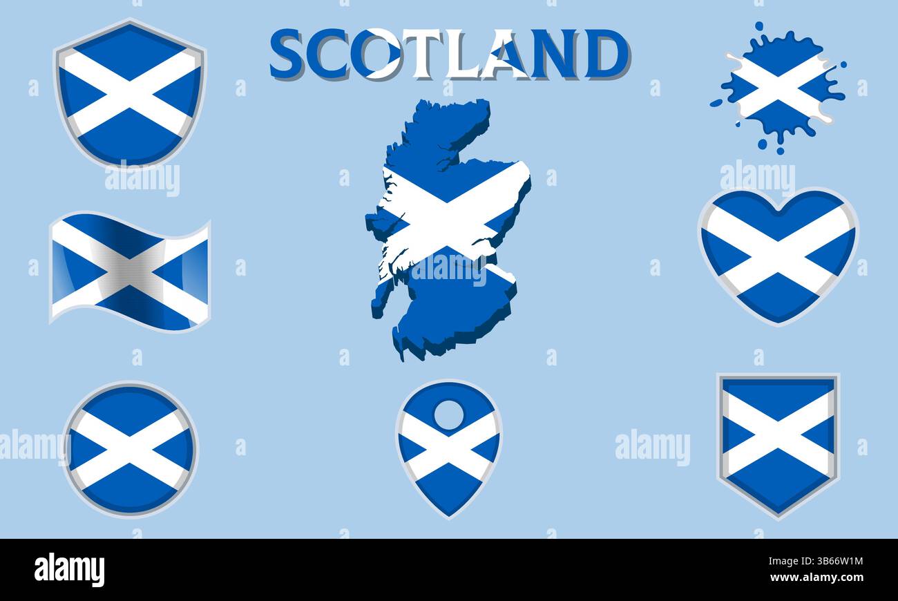 Collection of flags and coats of arms of Scotland in flat style with ...