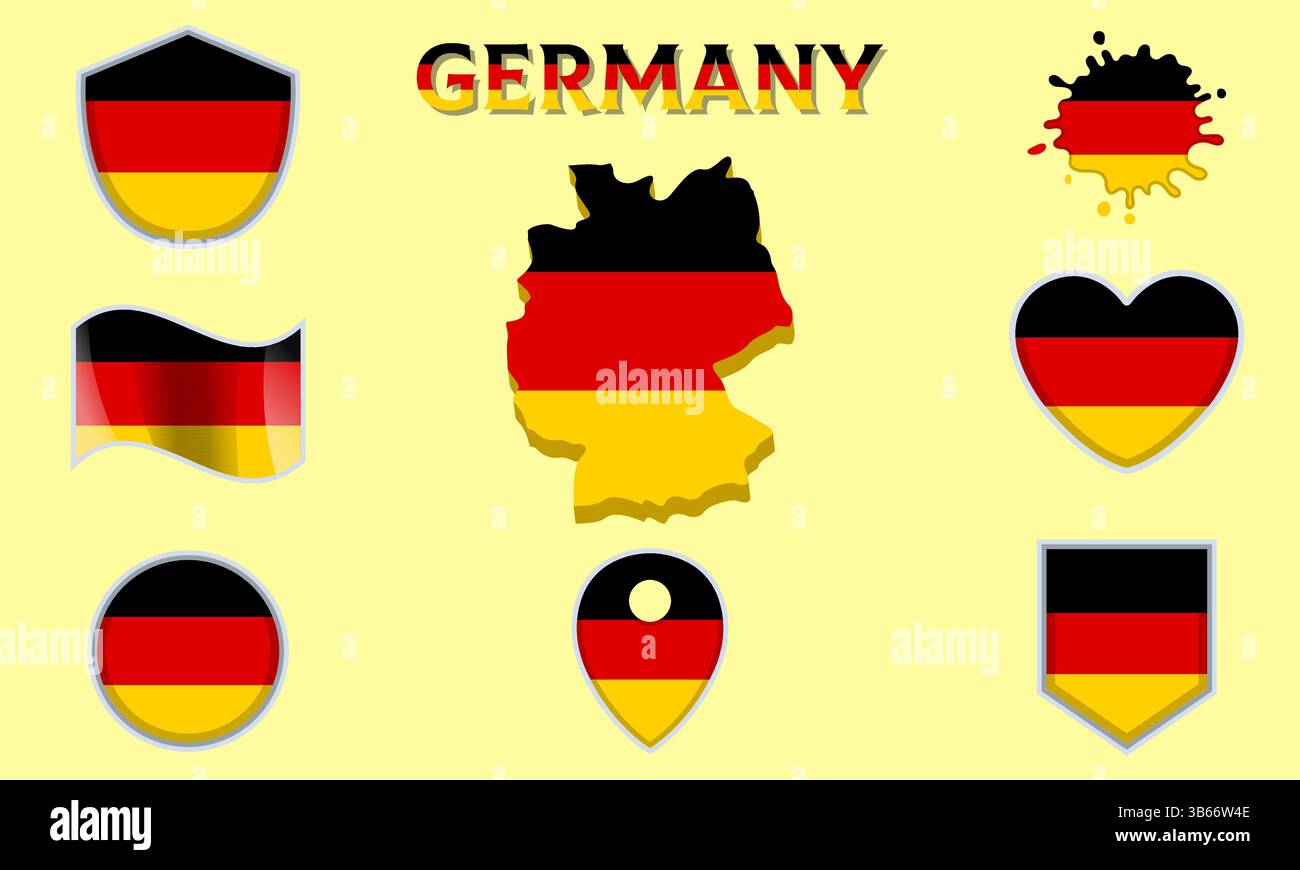 Collection of flags and coats of arms of Germany in flat style with map ...