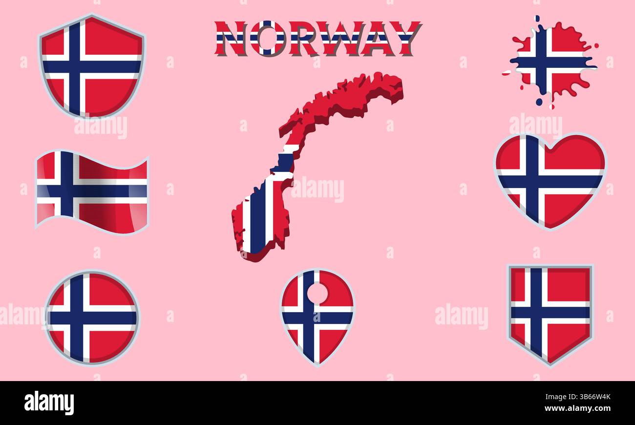 Collection of flags and coats of arms of Norway in flat style with map ...