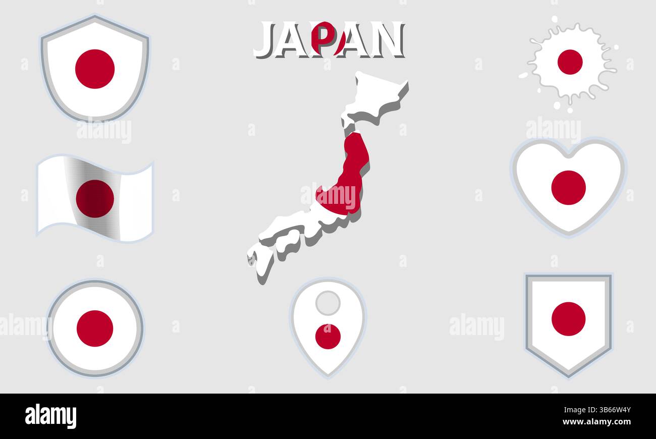 Collection of flags and coats of arms of Japan in flat style with map ...