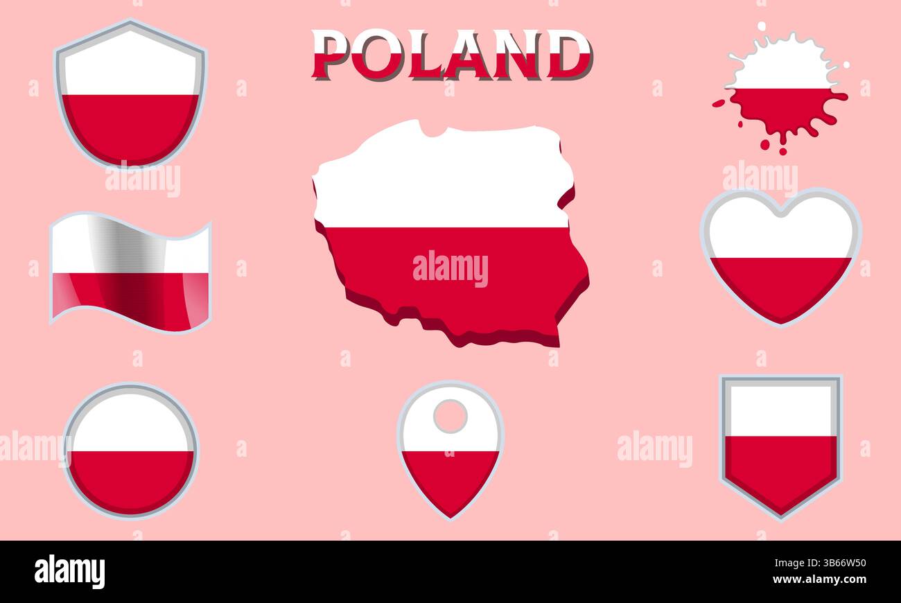 Collection of flags and coats of arms of Poland in flat style with map ...