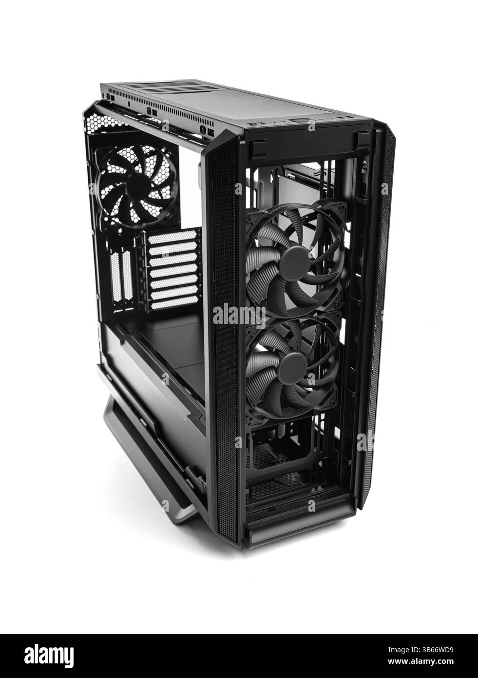 A high-performance black PC tower case with dual front fans Stock Photo ...