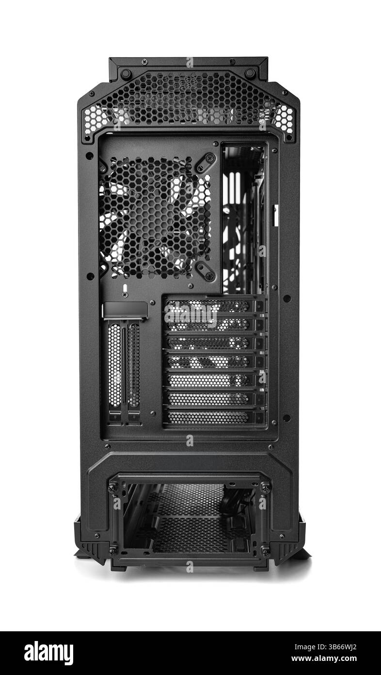 The rear view of a black PC case reveals ventilation panels, expansion ...