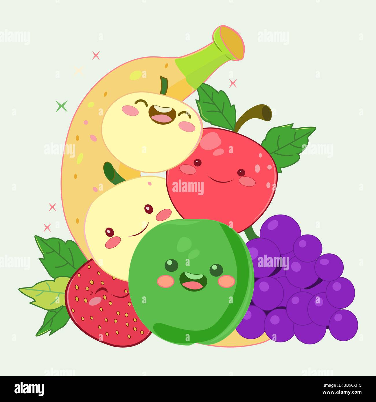 Happy fruit friends coloring page smiling banana, apple, grape and ...