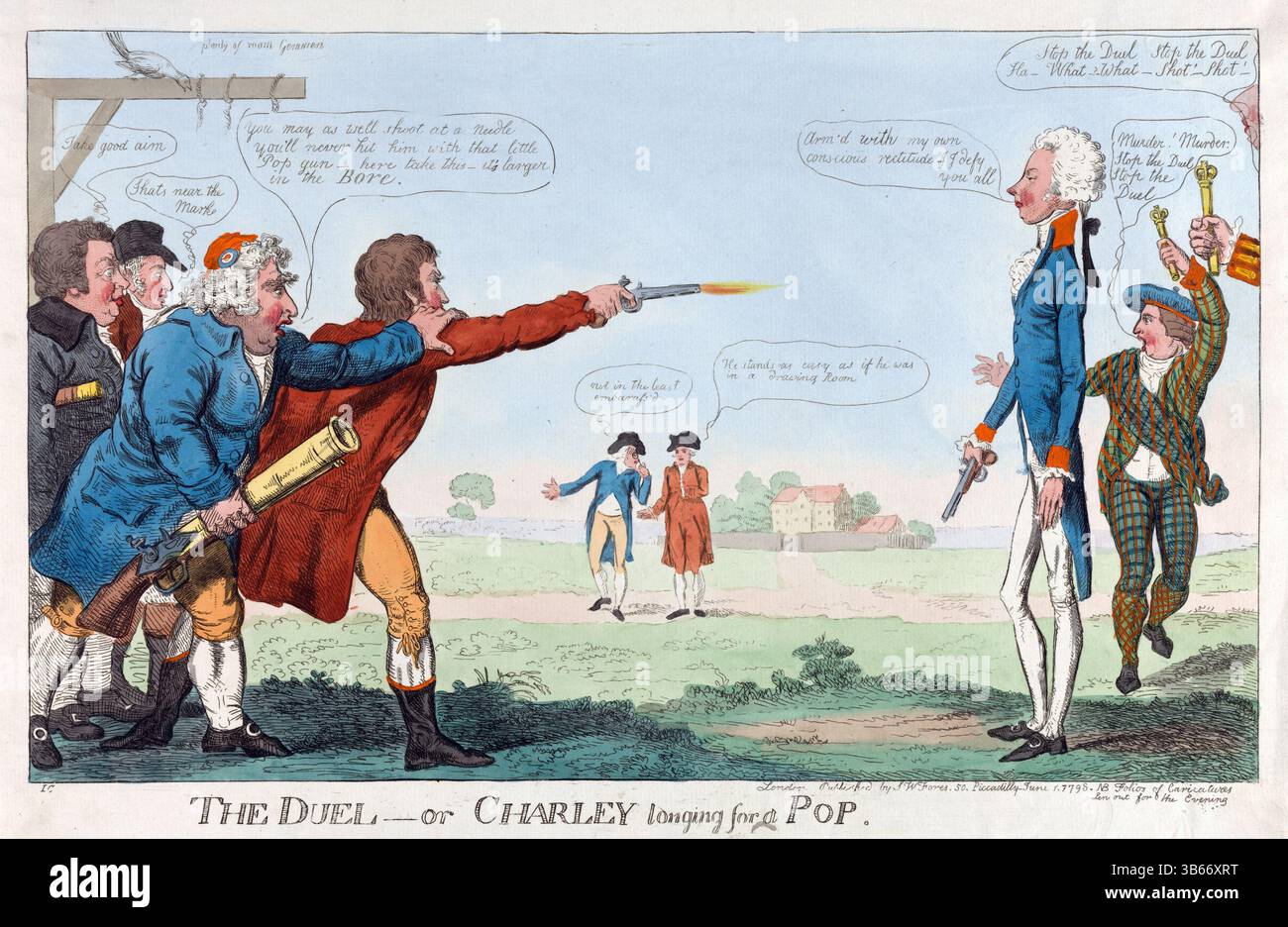 A funny humorous cartoon print coloured engraving of The Duel or ...