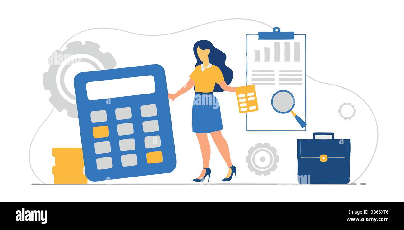 "Flat Vector Illustration of Accountant and Blue Calculator for ...