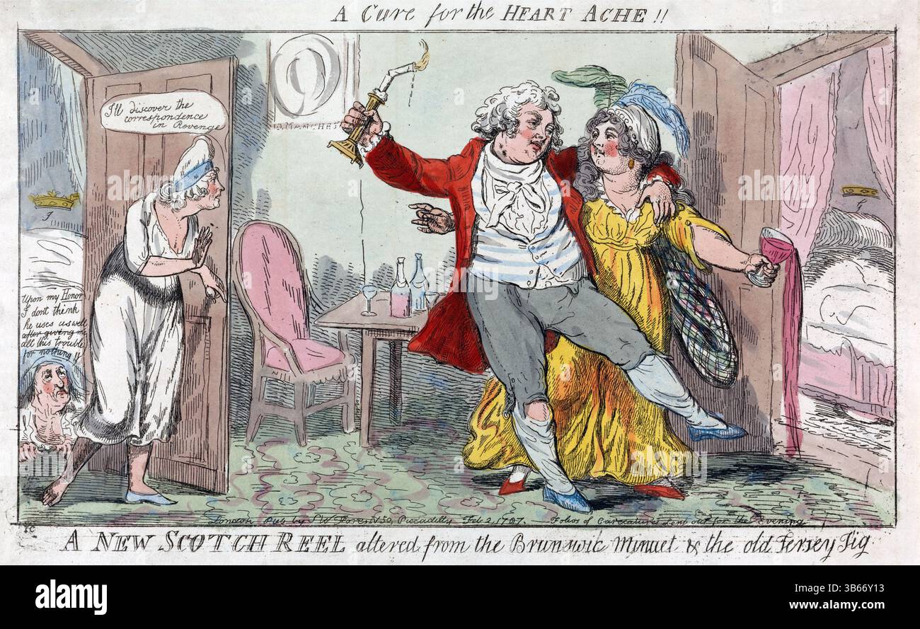 A funny humorous cartoon print coloured engraving of A cure for heart ...