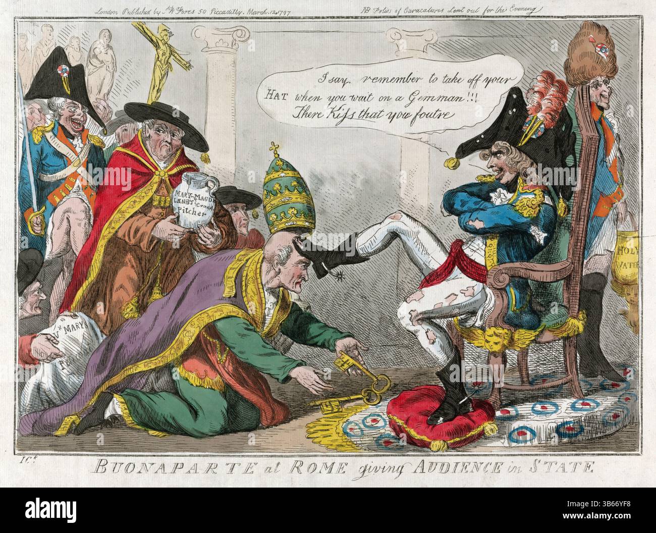 A funny humorous cartoon print coloured engraving of Buonaparte at Rome ...
