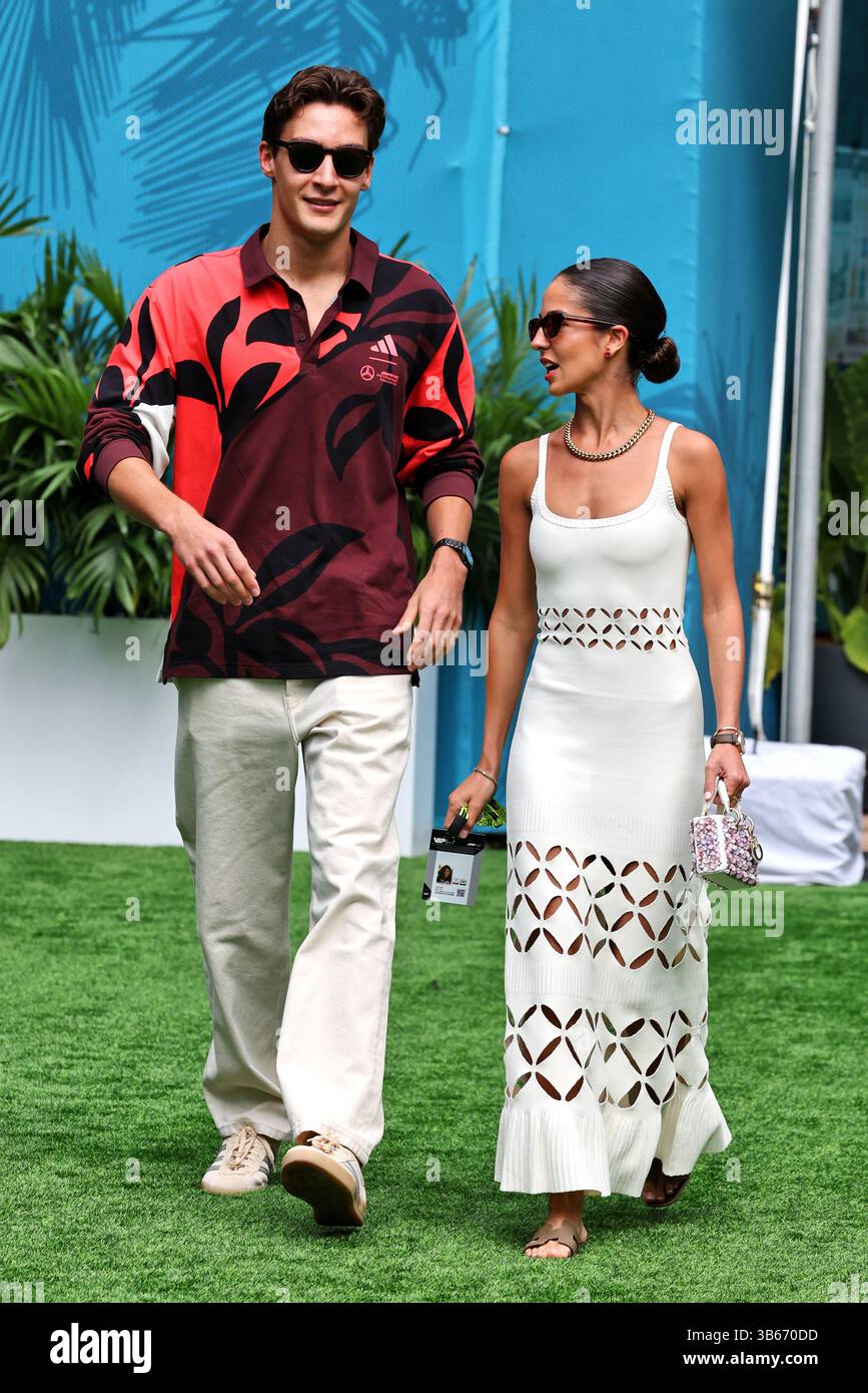 Miami, USA. 03rd May, 2025. (L to R): George Russell (GBR) Mercedes AMG ...