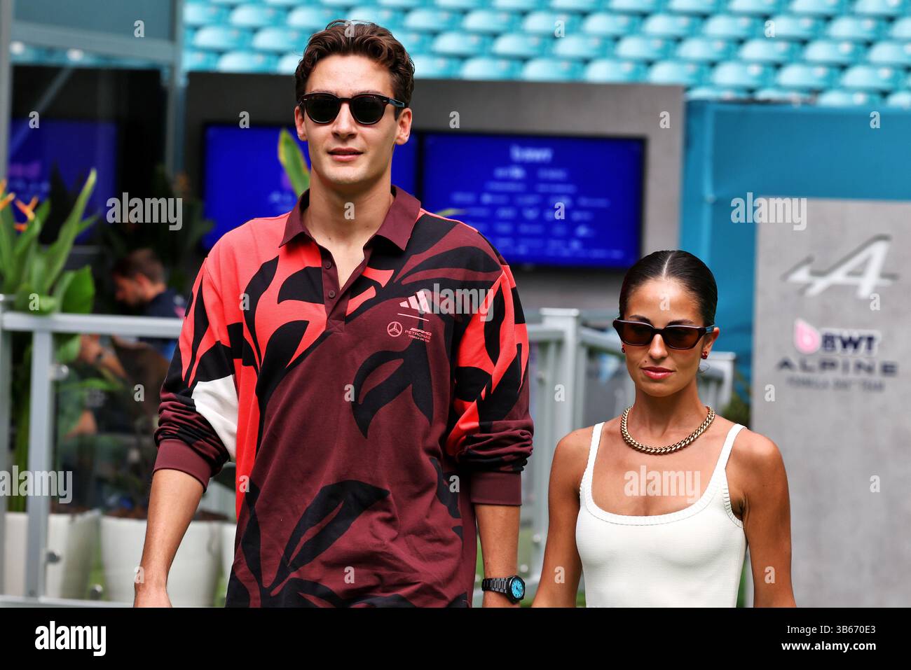 Miami, USA. 03rd May, 2025. (L to R): George Russell (GBR) Mercedes AMG ...