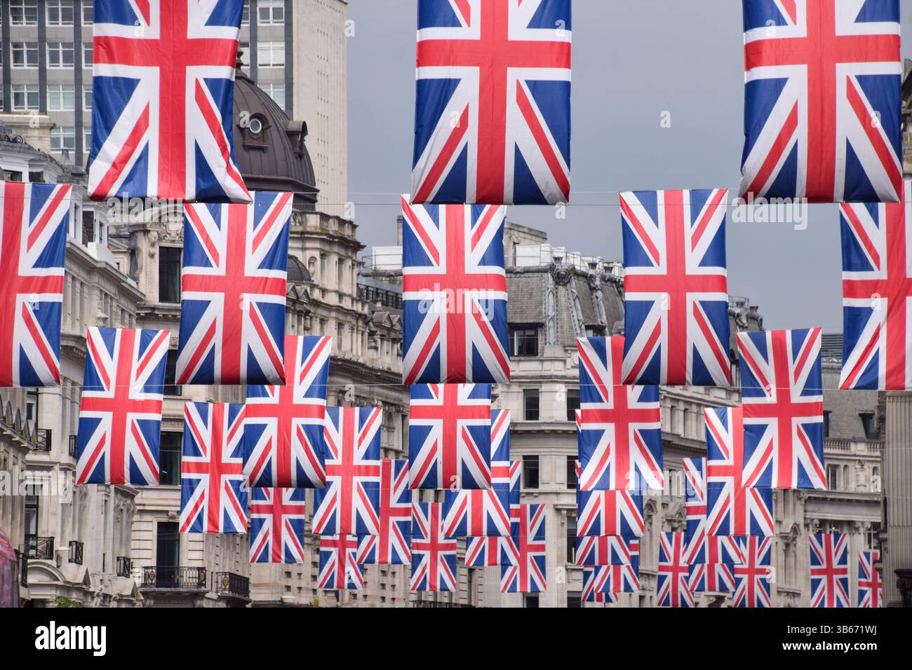 London, UK. 03rd May, 2025. Union Jack flags decorate Regent Street ...