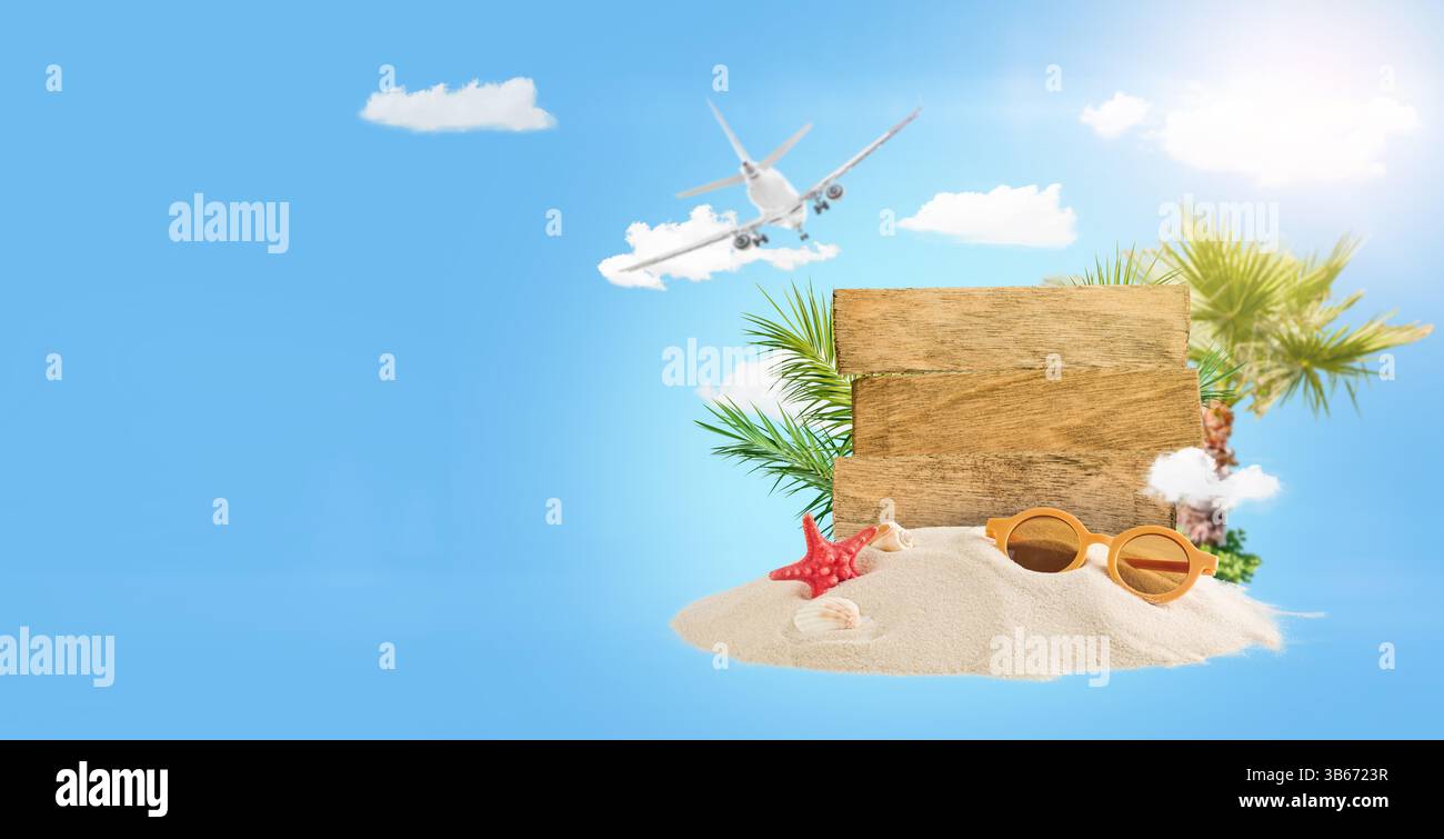 Wooden signboard with palm leaves, sun and airplane against blue sea ...