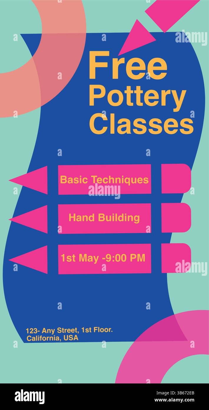 Colorful flyer promoting free pottery classes. It highlights two key ...