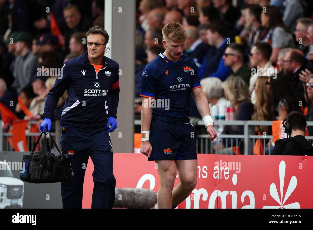 Edinburgh Rugby’s Harry Paterson leaves the field with an injury during ...