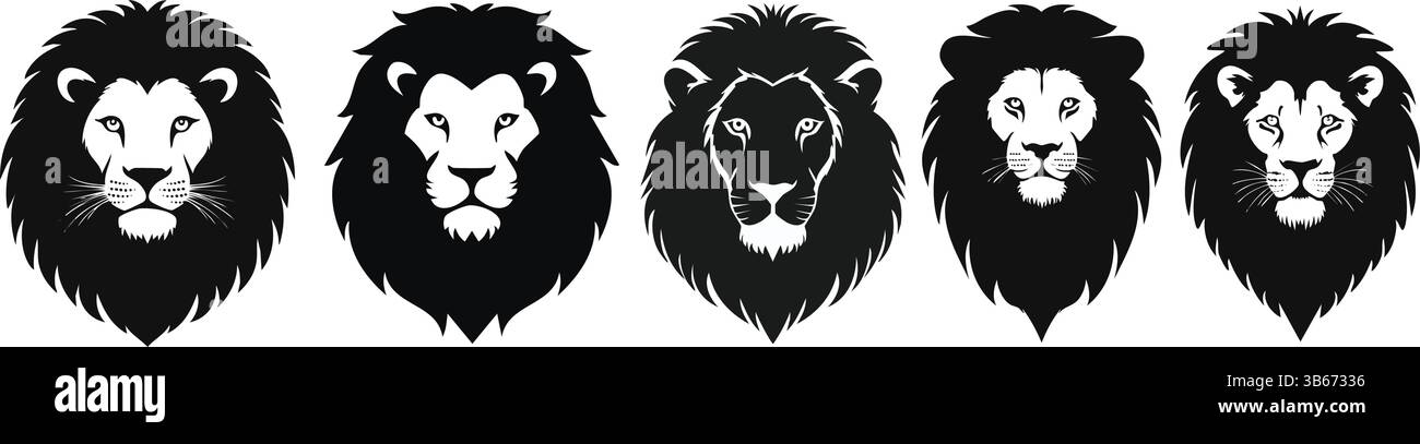 Lion Head Silhouettes Vector Set: Black and White Editable Faces Stock ...