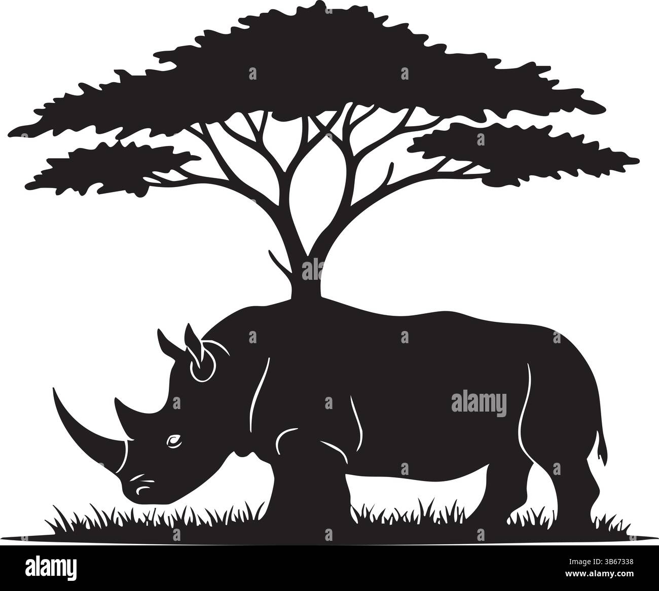 Rhino Silhouette Vector: Standing Under Acacia Tree in Savanna Grass ...