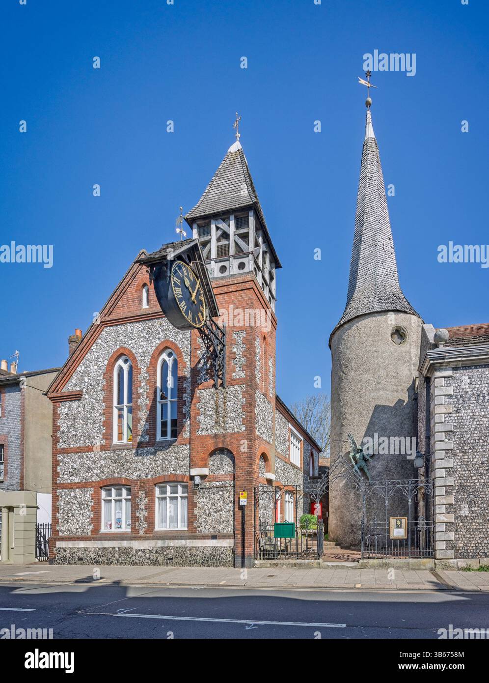 St Michael in Lewes Church, tower, and projecting clock in High Street ...