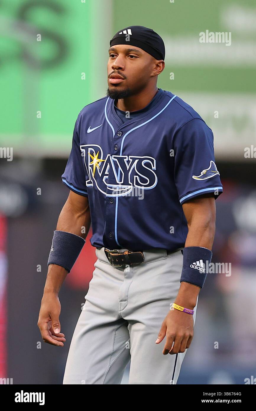 BRONX, NY - MAY 02: Chandler Simpson #14 of the Tampa Bay Rays warms up ...