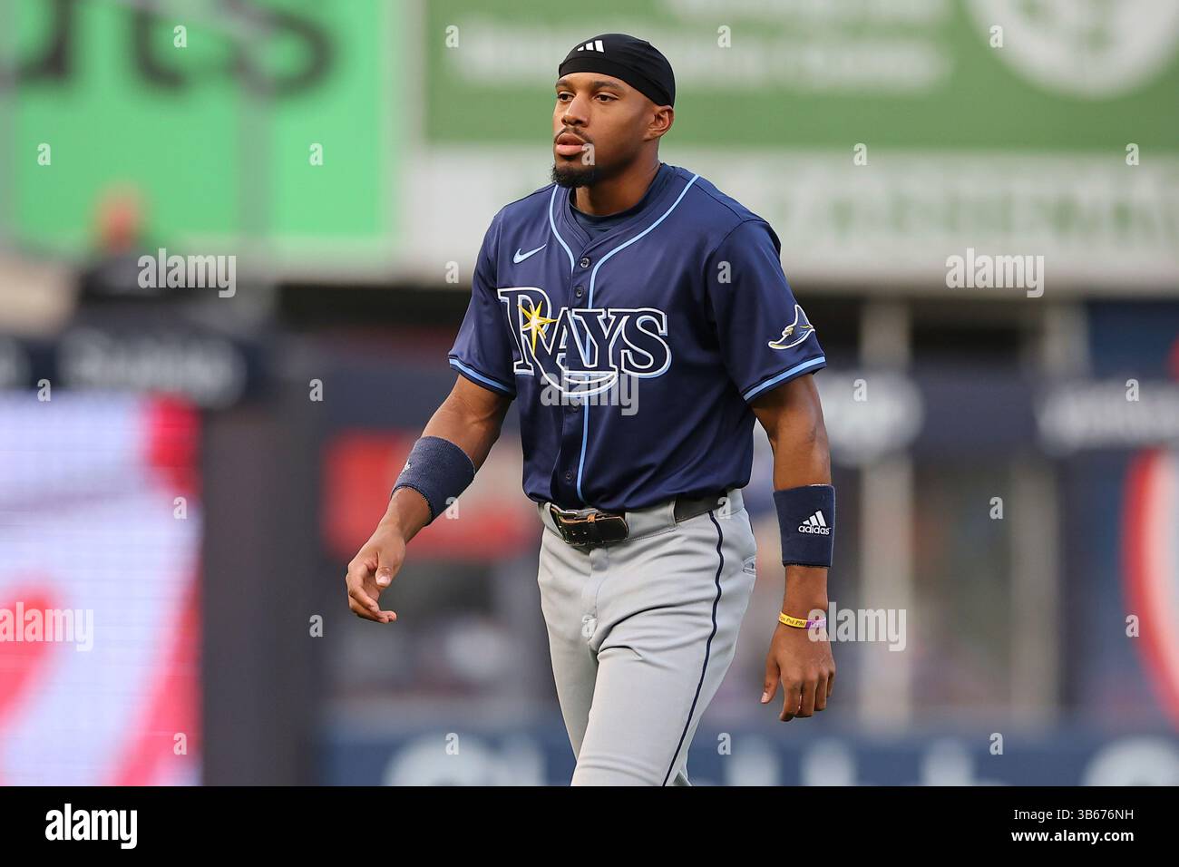 BRONX, NY - MAY 02: Chandler Simpson #14 of the Tampa Bay Rays warms up ...