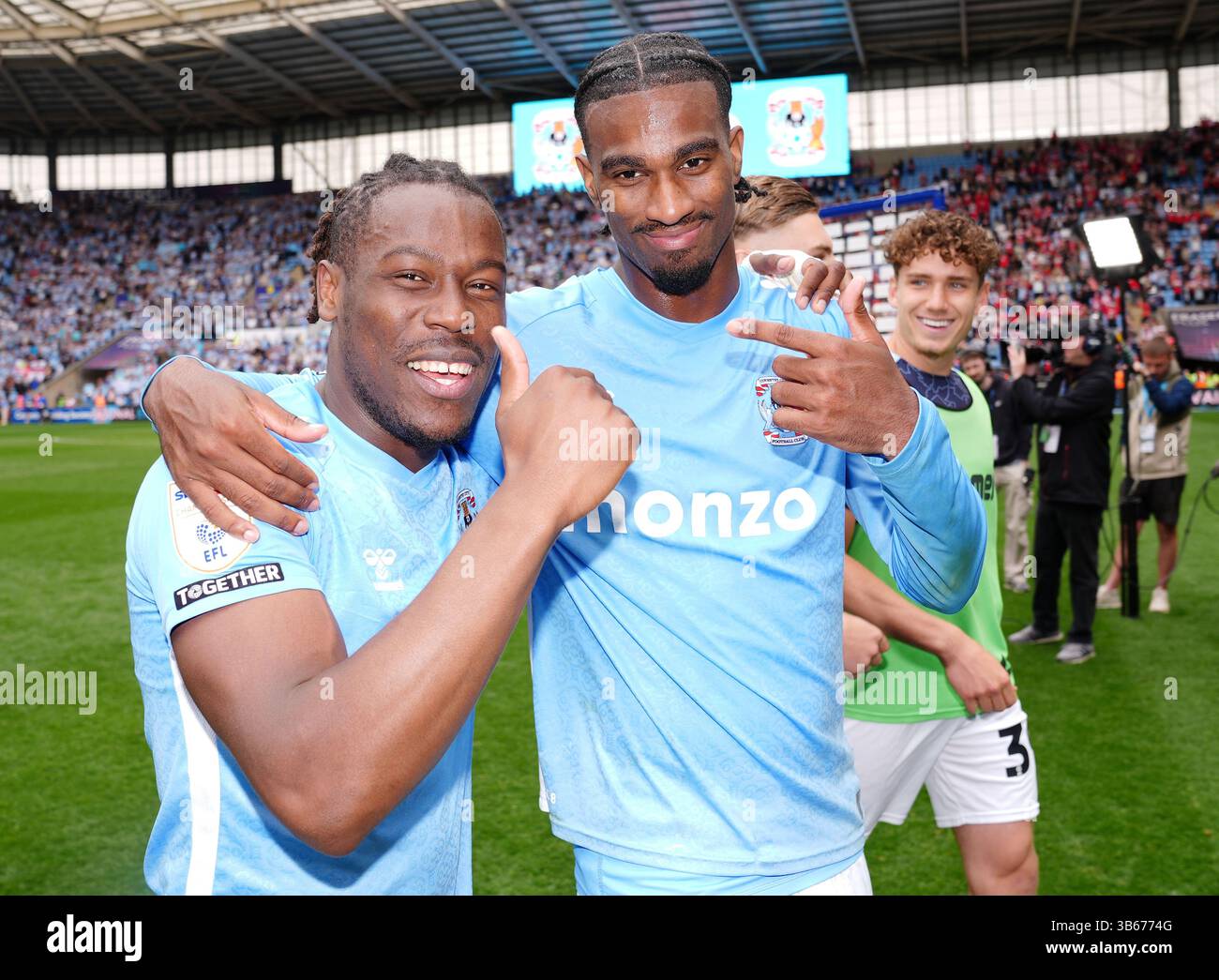 Coventry City's Haji Wright (centre) and Brandon Thomas-Asante (left) celebrate after the Sky ...