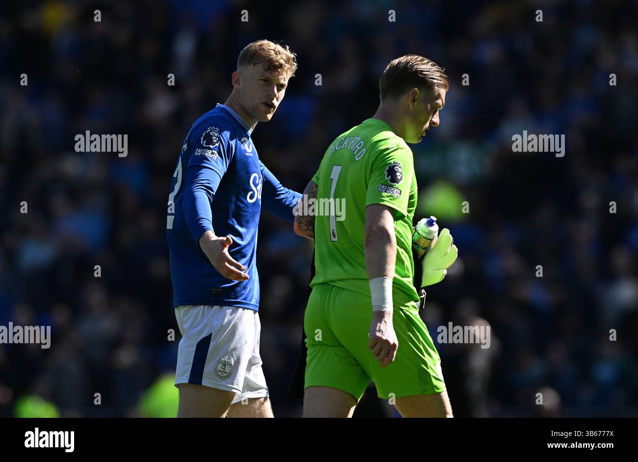 Everton's Jarrad Branthwaite speaks with goalkeeper Jordan Pickford ...