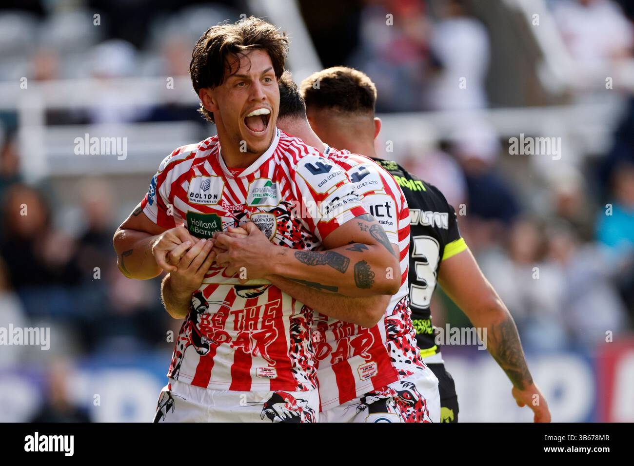 Leigh Leopards' Owen Trout celebrates his try during the Betfred Super ...