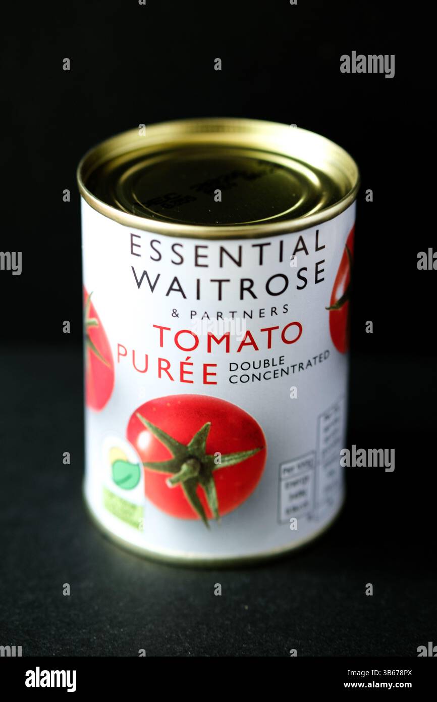London UK, May 03 2025, Can of Essential Waitrose Tomato Puree Cooking ...