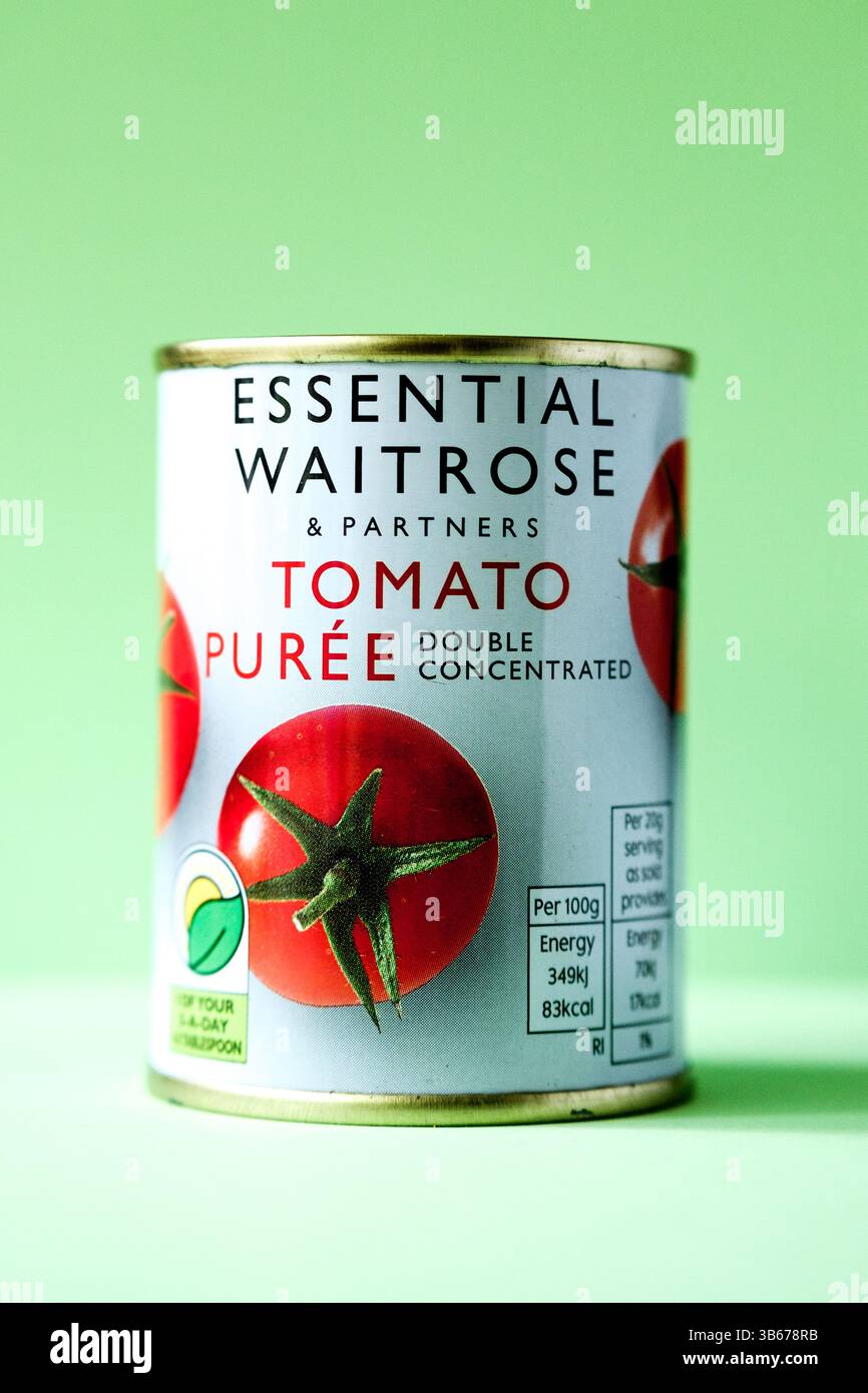 London UK, May 03 2025, Can of Essential Waitrose Tomato Puree Cooking ...