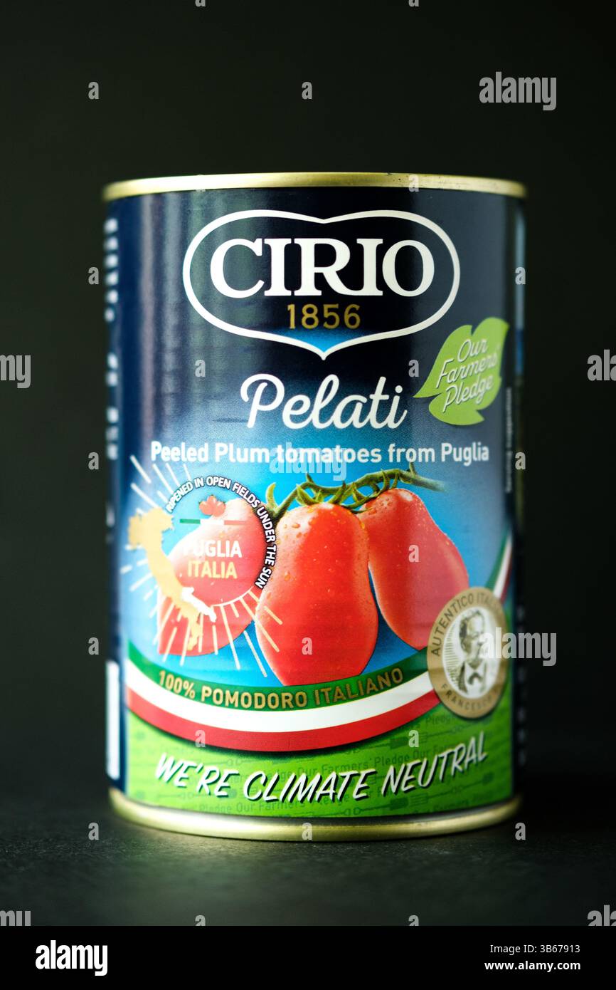 London UK, May 03 2025, Can of Cirio Pelati Peeled Plum Tomatoes ...