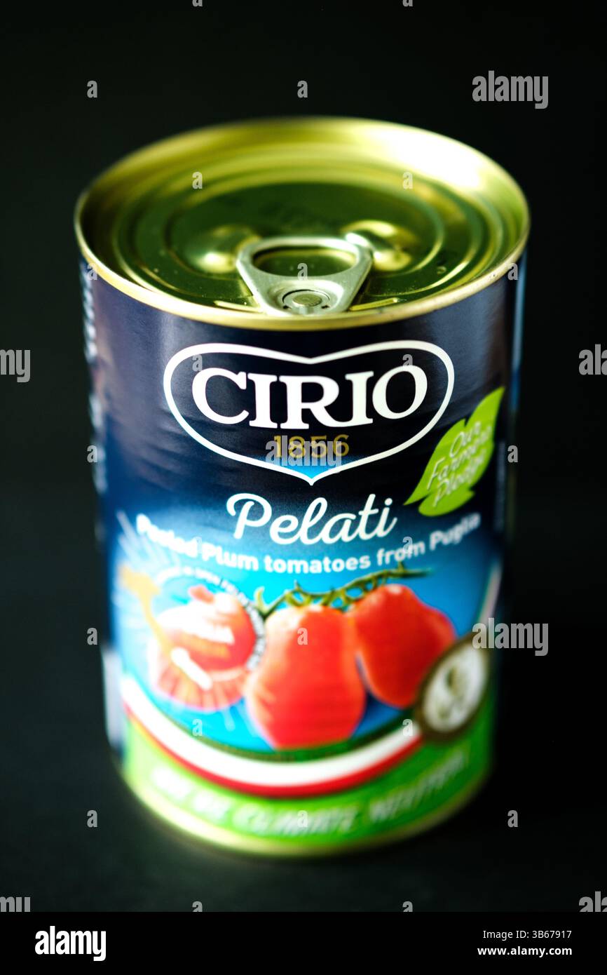 London UK, May 03 2025, Can of Cirio Pelati Peeled Plum Tomatoes ...