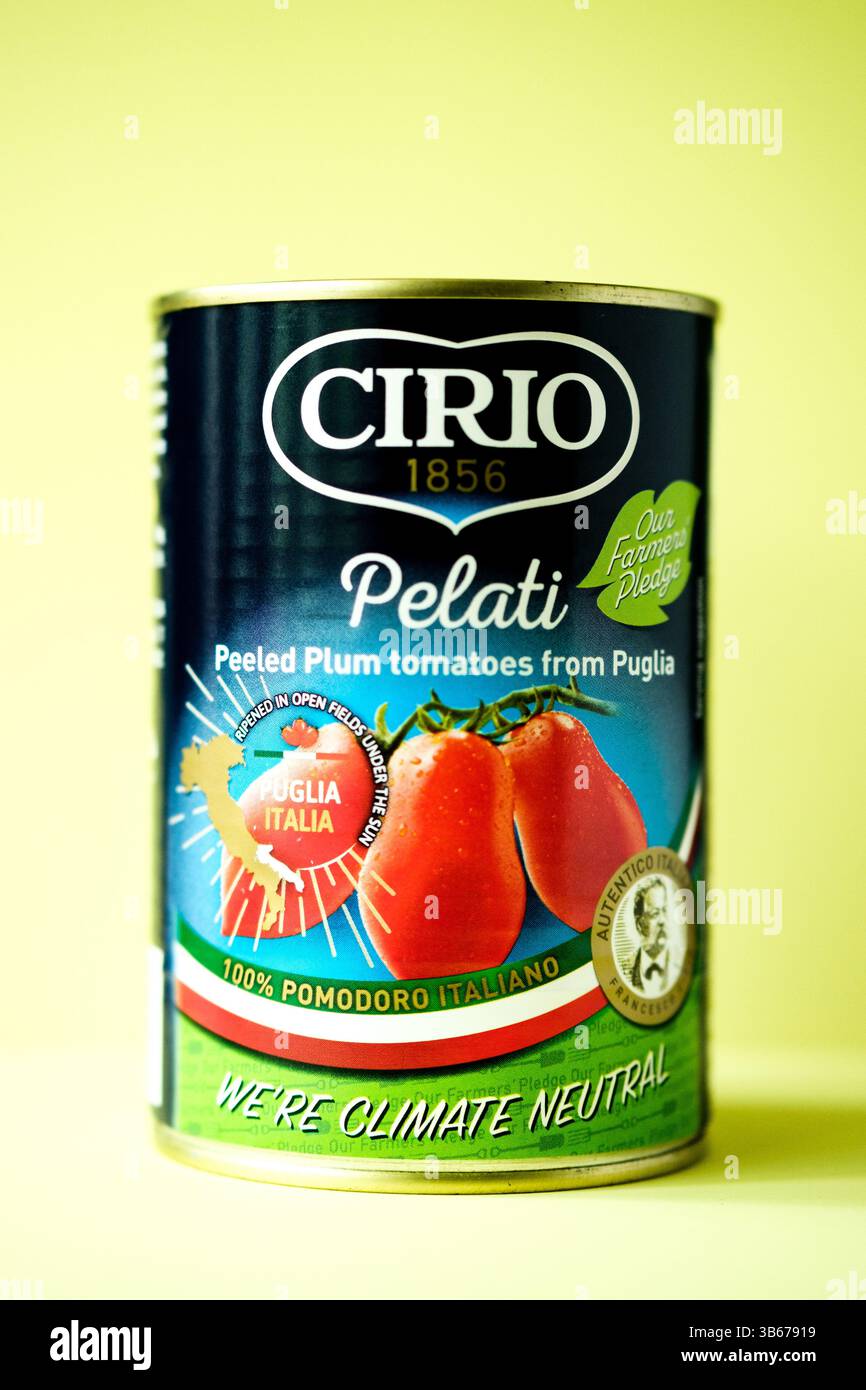London UK, May 03 2025, Can of Cirio Pelati Peeled Plum Tomatoes ...