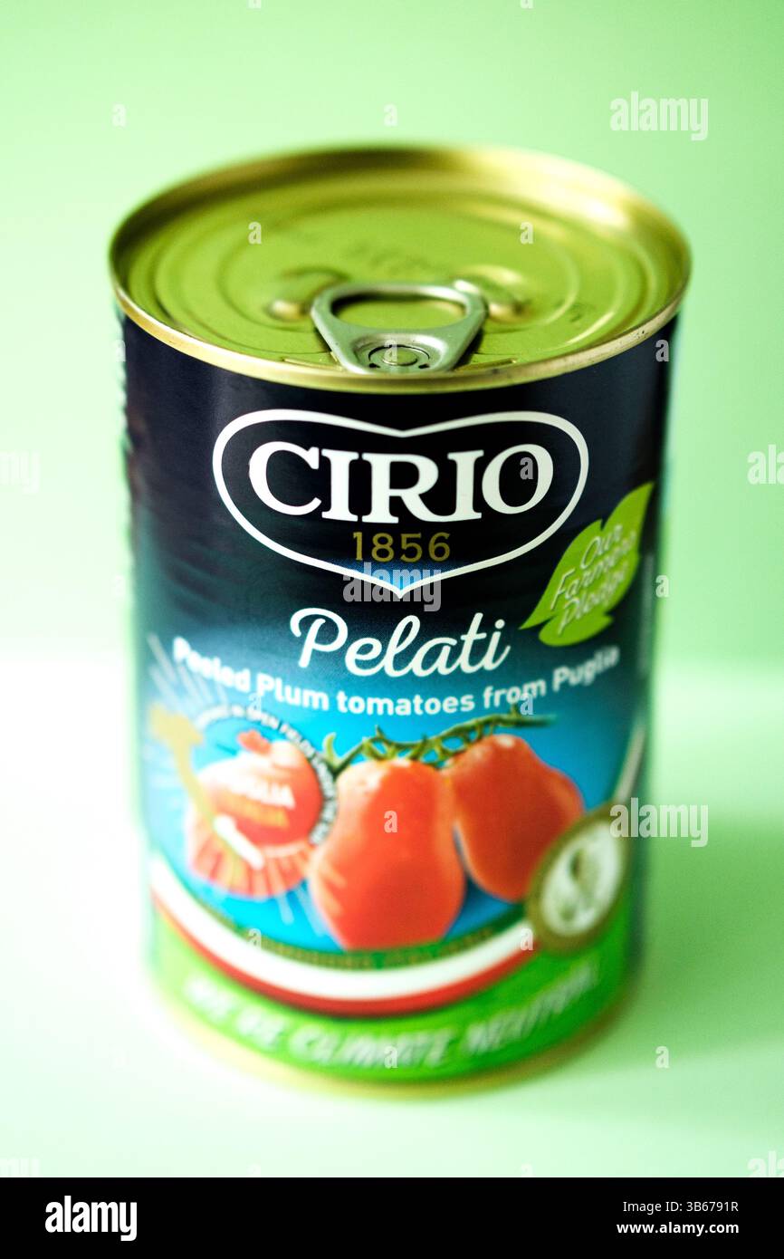 London UK, May 03 2025, Can of Cirio Pelati Peeled Plum Tomatoes ...