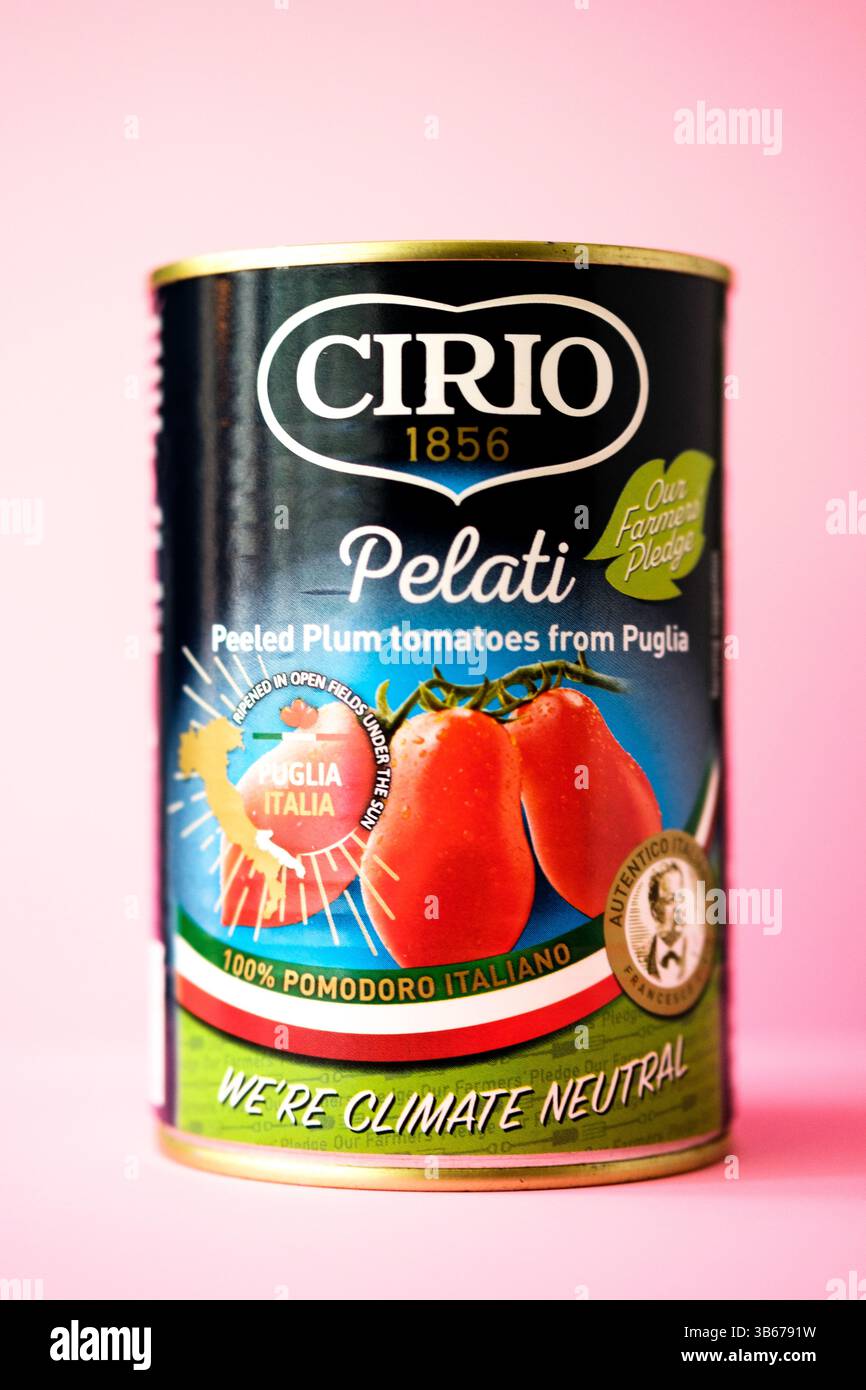 London UK, May 03 2025, Can of Cirio Pelati Peeled Plum Tomatoes ...