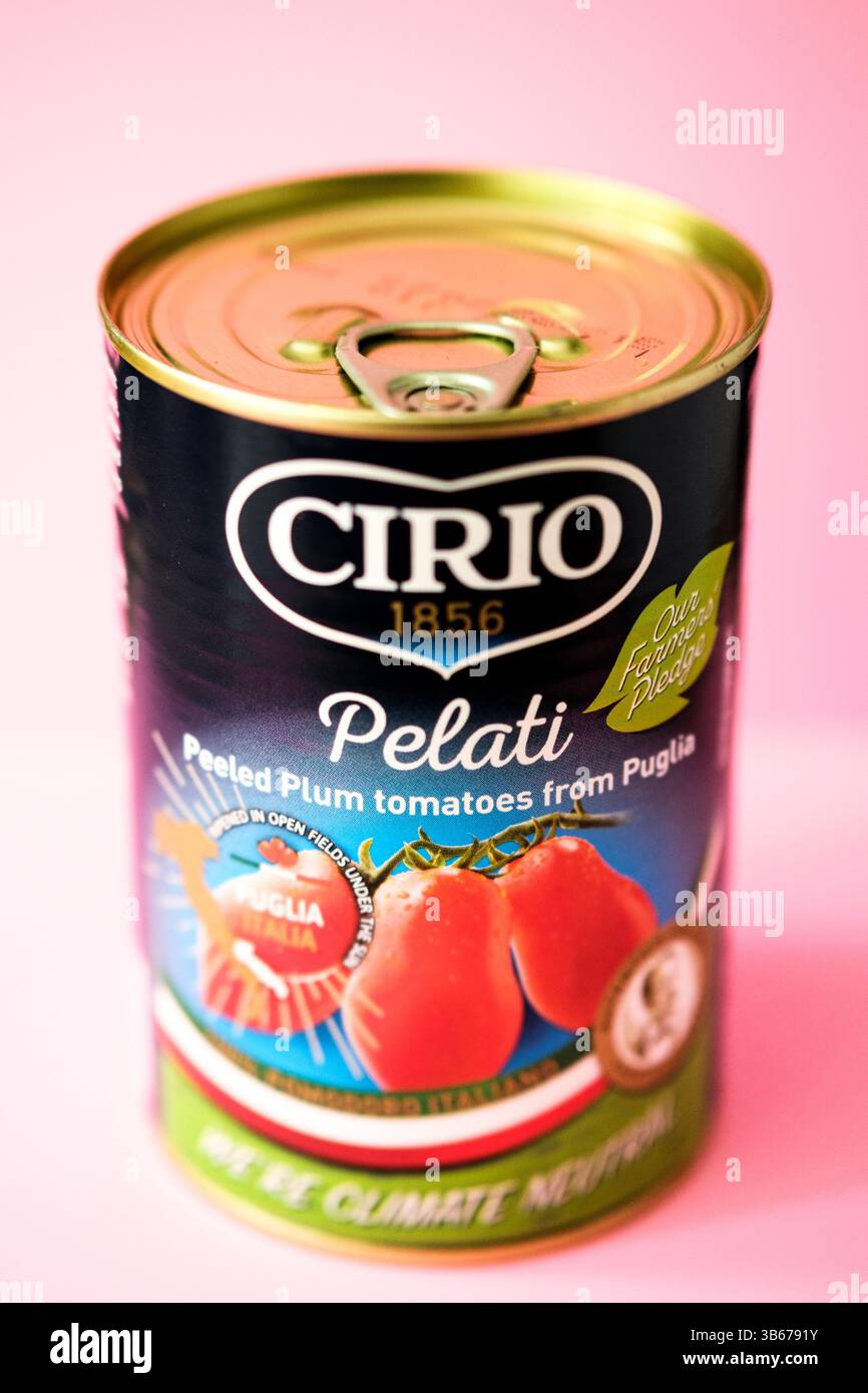 London UK, May 03 2025, Can of Cirio Pelati Peeled Plum Tomatoes ...