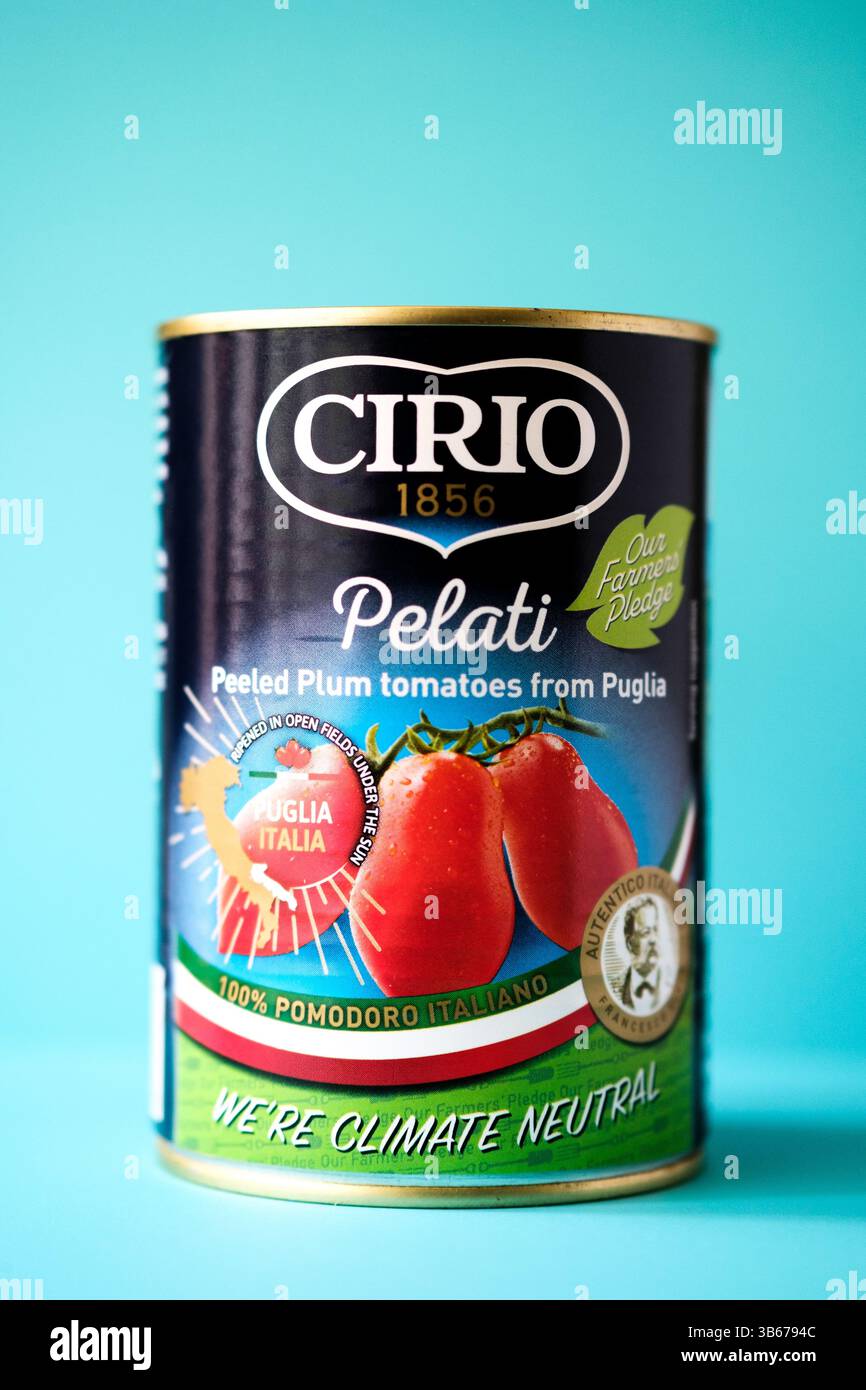 London UK, May 03 2025, Can of Cirio Pelati Peeled Plum Tomatoes ...