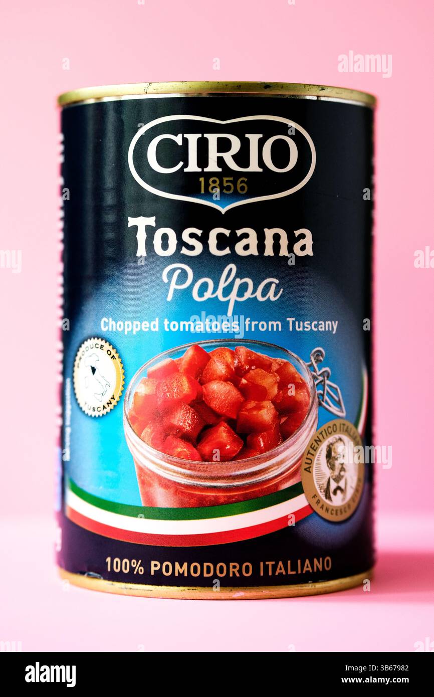 London UK, May 03 2025, Can of Cirio Toscana Polpa Chopped Tomatoes ...
