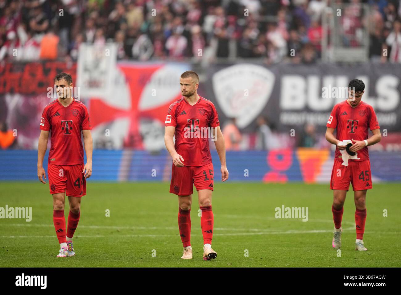 Bayern's Josip Stanisic, Eric Dier and Aleksandar Pavlovic, from left ...
