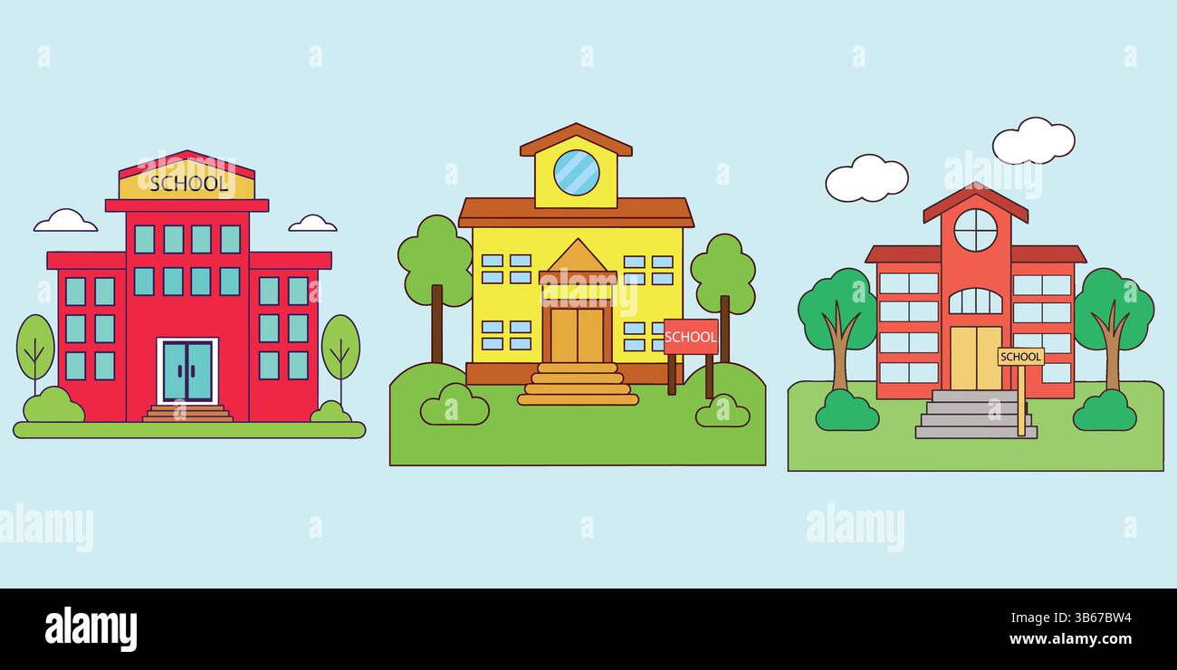Colorful Cartoon School Buildings for Educational Design Stock Vector ...
