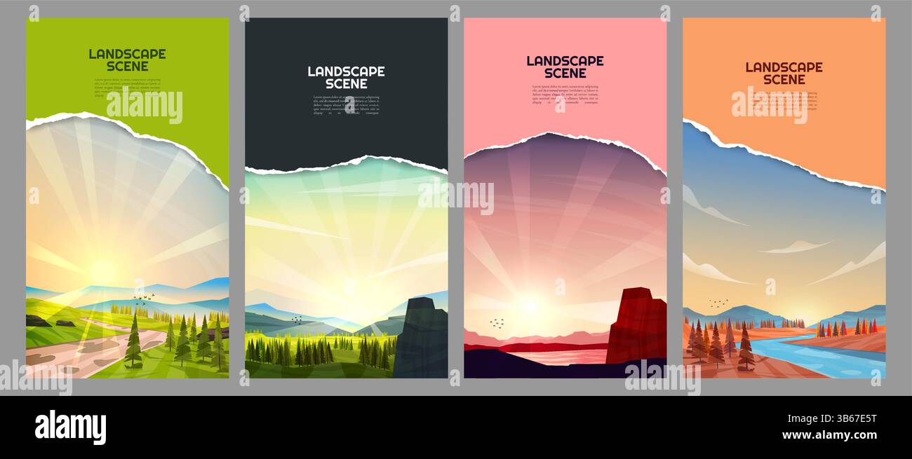 Vector illustration. Scenic landscape with torn paper effect. Colorful ...