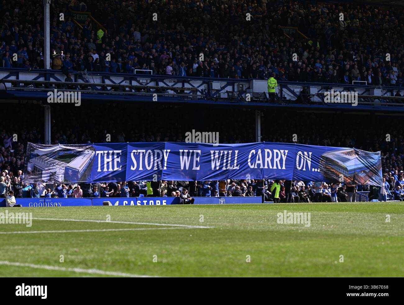 Everton fans unveil a banner in the stands before the Premier League ...