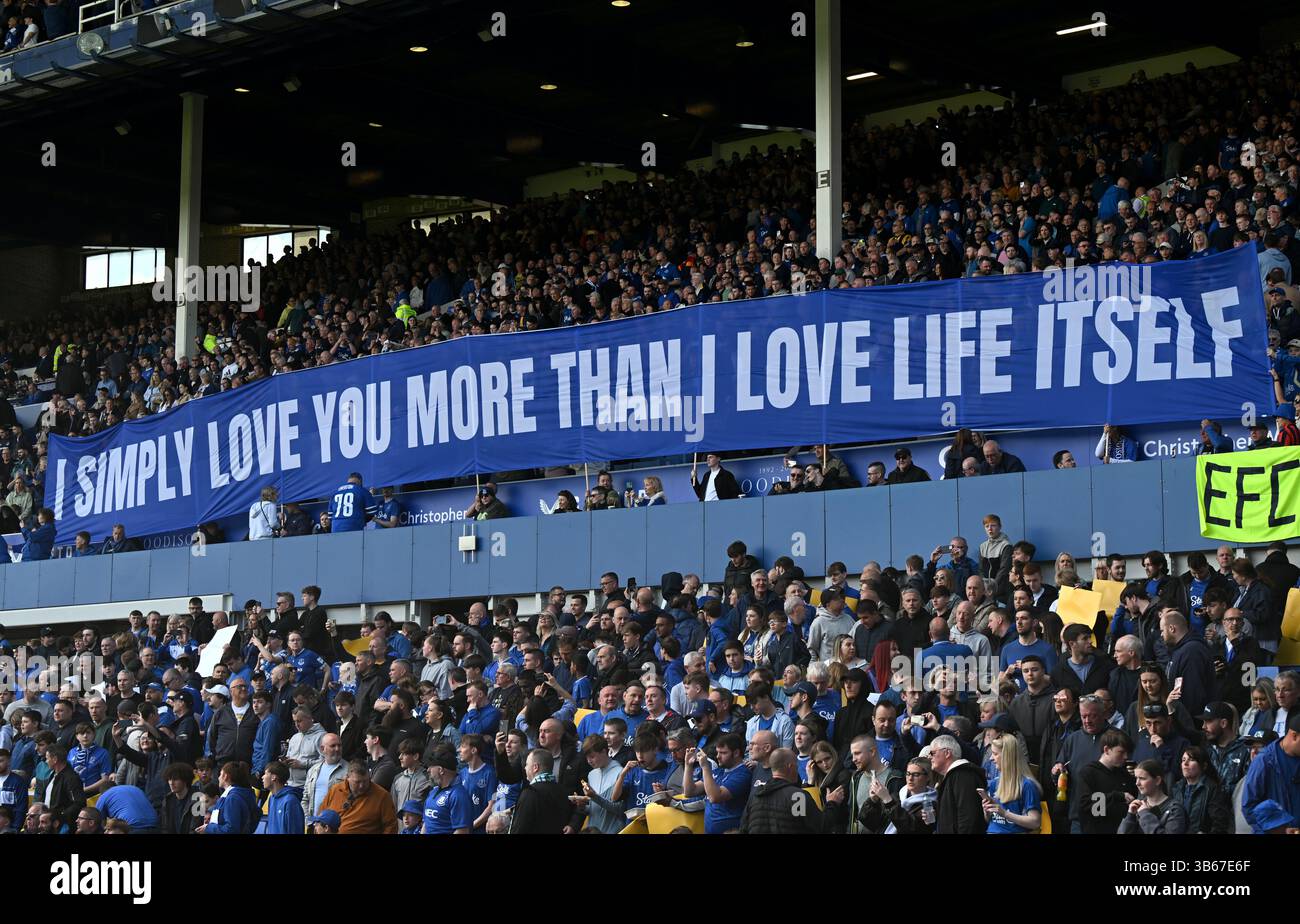 Everton fans unveil a banner in the stands before the Premier League ...