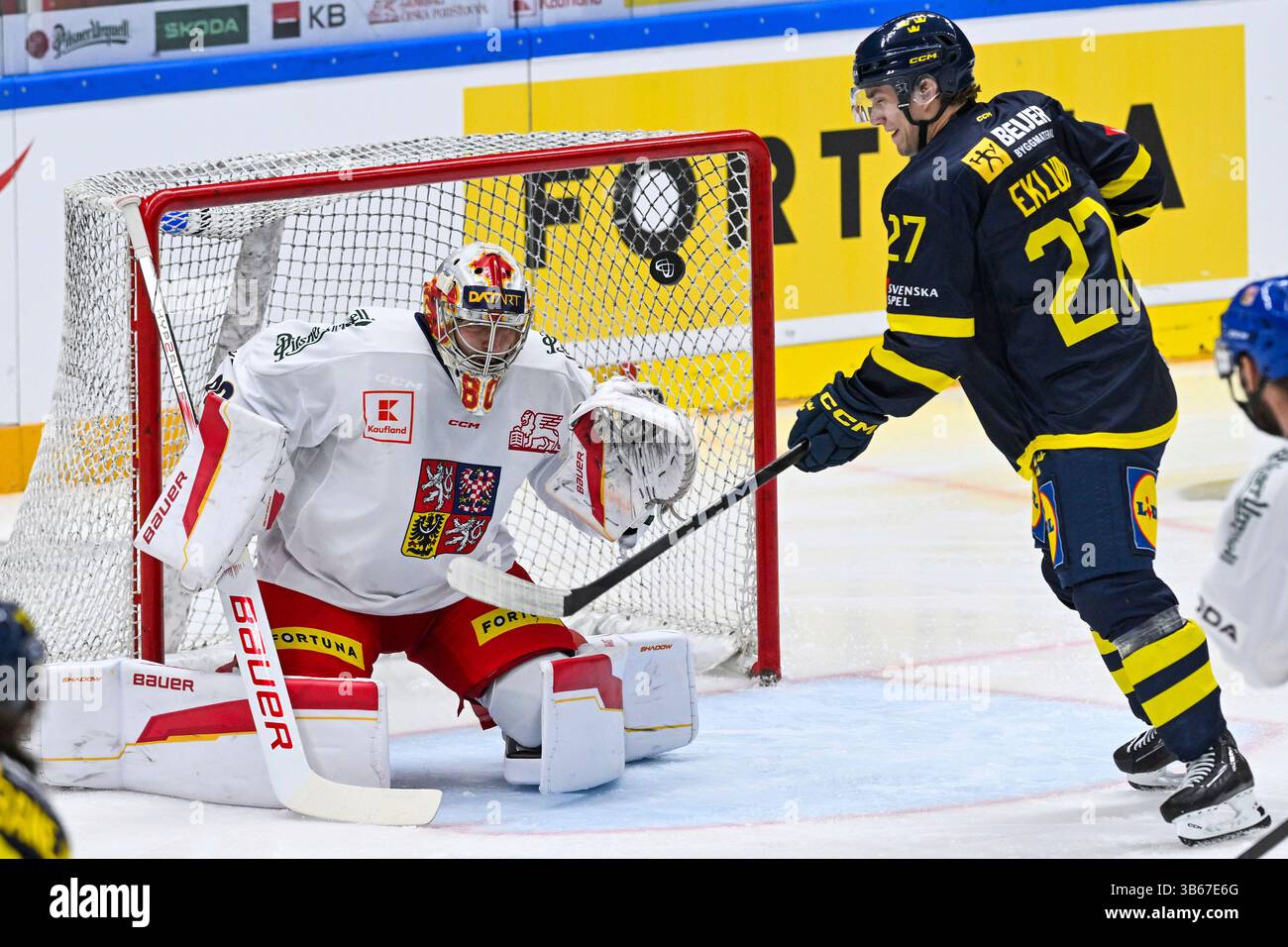 Czech Republic goalie Daniel Vladar and Sweden's William Eklund in ...