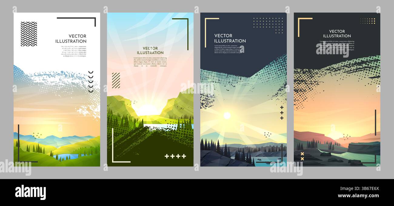 Vector illustration. Scenic landscapes set. Mountains by lake, woodland ...