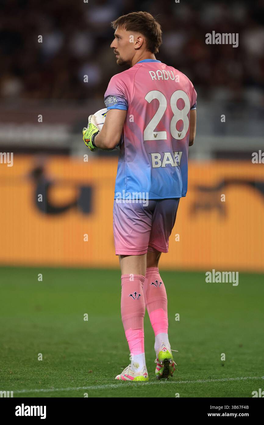Turin, Italy, 2nd May 2025. Andrei Radu of Venezia FC reacts during the ...