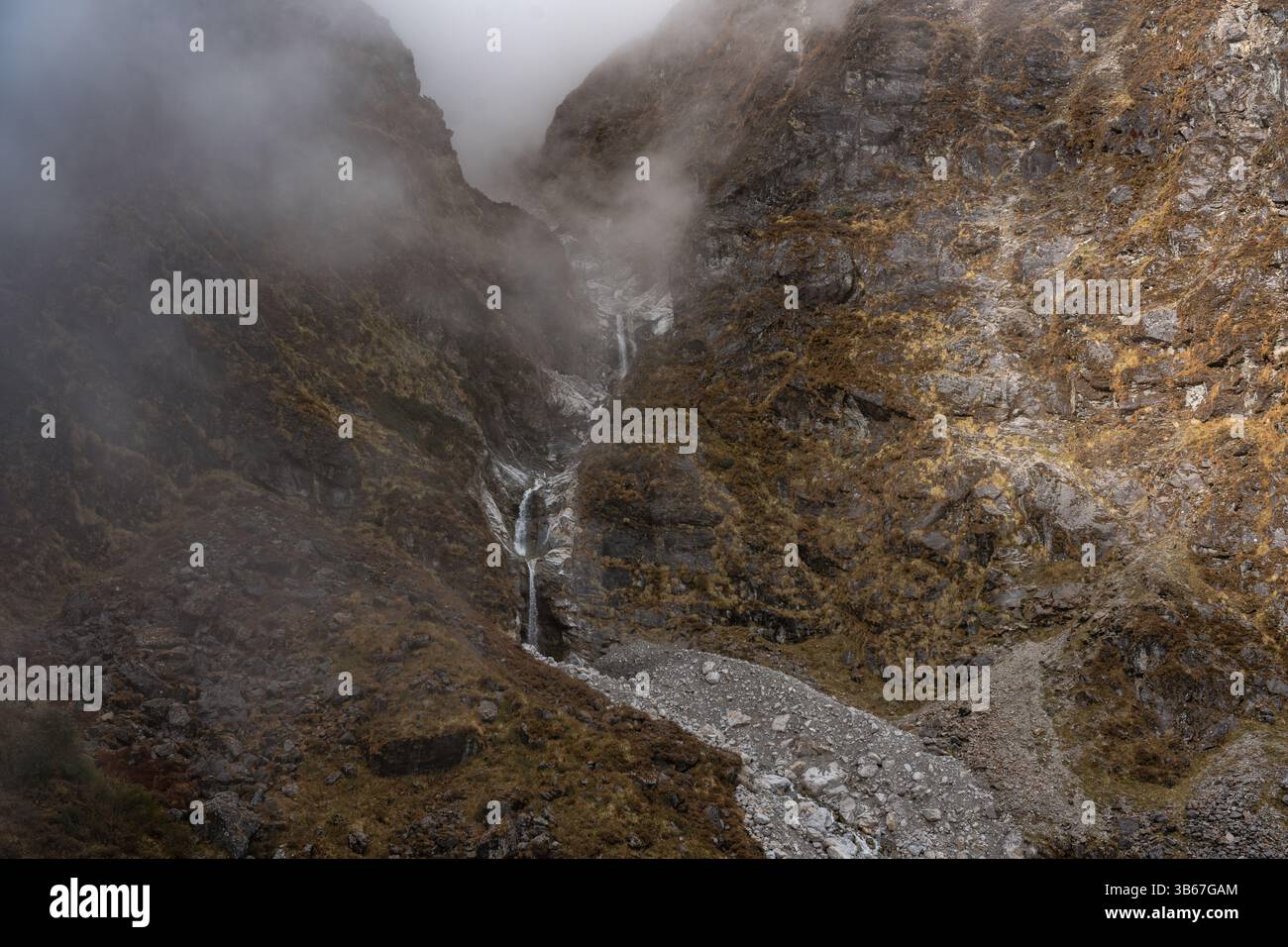 Beautiful Himalayan Glacial Waterfalls in the Mountains with a Bridge ...
