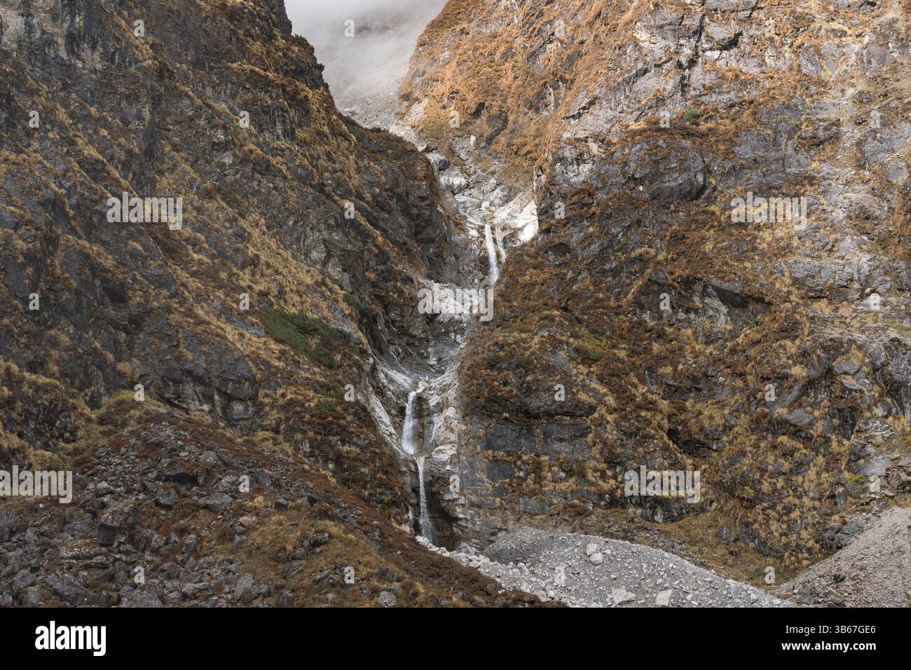 Beautiful Himalayan Glacial Waterfalls in the Mountains with a Bridge ...