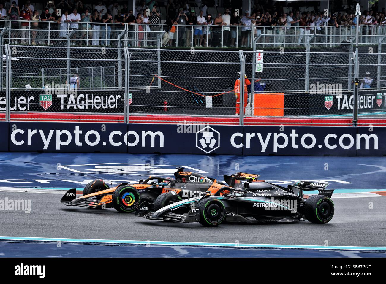 Miami, USA. 03rd May, 2025. Oscar Piastri (AUS) McLaren MCL39 passes Andrea Kimi Antonelli (ITA ...