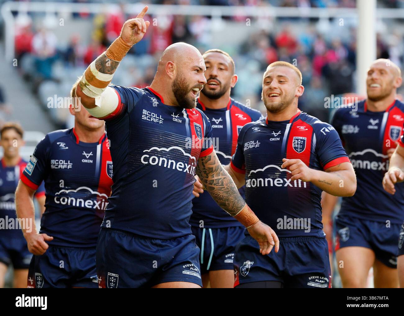 Hull KR's Sam Luckley celebrates his try during the Betfred Super ...