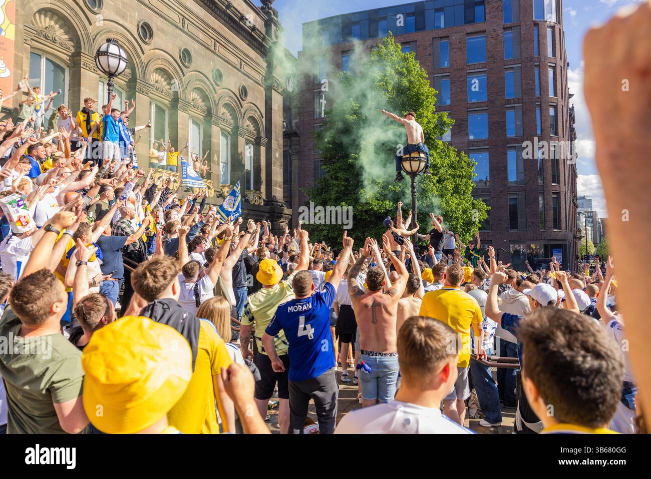Leeds, UK. 03 MAY, 2025. Leeds fans celebrate in Millennium Square ...