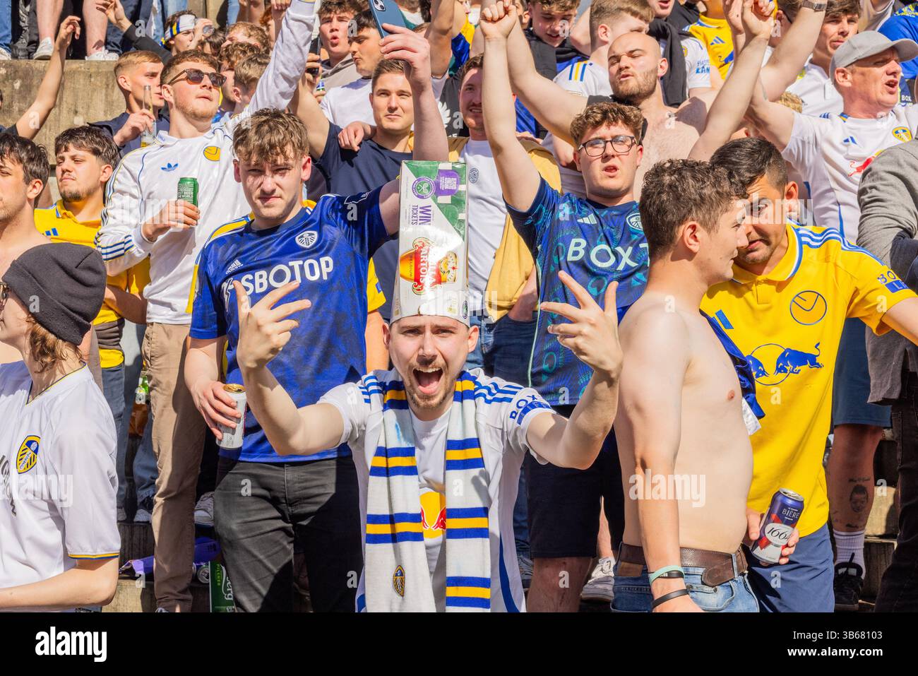 Leeds, UK. 03 MAY, 2025. Leeds fan with beer packet on his head ...